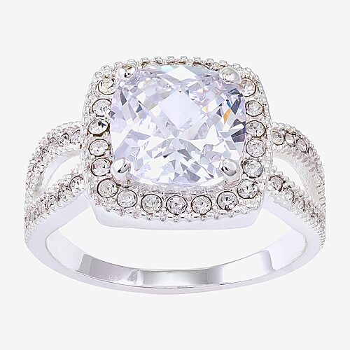 Sparkle Allure Split Shank Womens Cubic Zirconia Pure Silver Over Brass Cushion Halo Cocktail Ring  9
