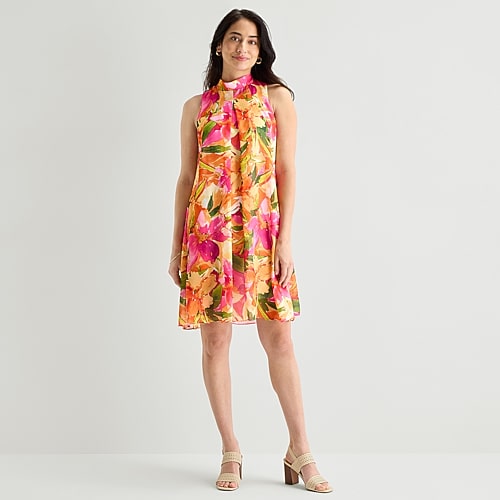 Click here for Robbie Bee Womens Mock Neck Sleeveless Floral Shif... prices