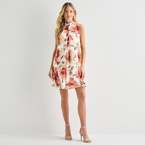 Click here for Womens Robbie Bee Floral Tie Back Mock Neck Shift... prices