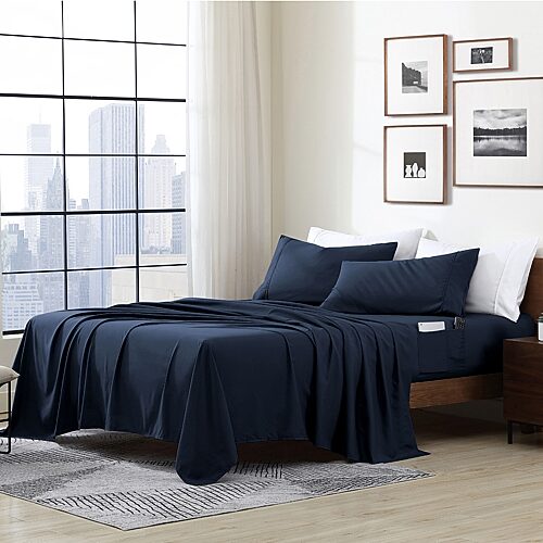 Swift Home Smart Sheet Set With 8 Side Storage Pockets- King Navy:- Navy  King