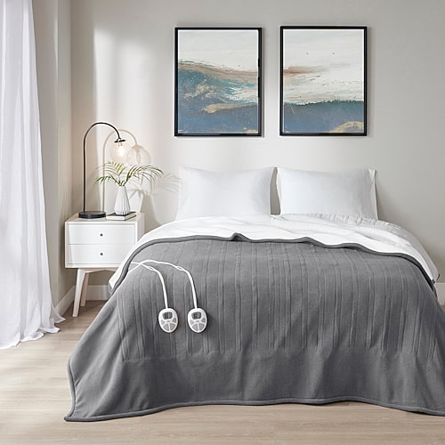 Serta Fleece to Sherpa Heated Electric Blanket  One Size  Gray