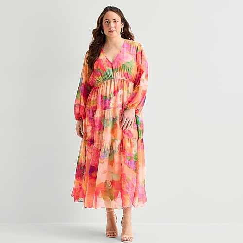 Click here for Robbie Bee Plus Size V-Neck Tiered Maxi Dress - Pe... prices
