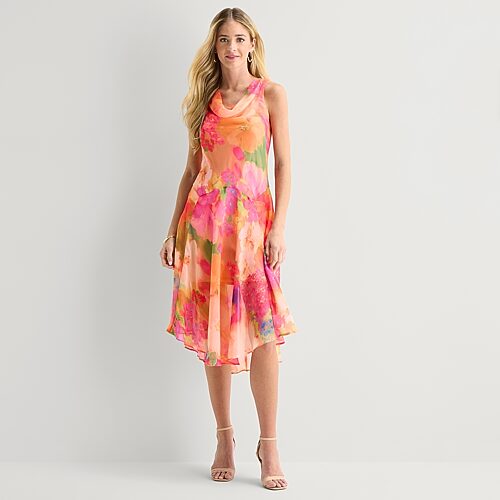 Click here for Robbie Bee Petite Printed Cowlneck High-Low Midi D... prices
