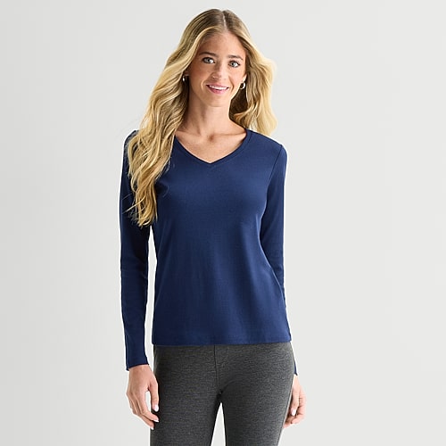 Click here for St. Johns Bay Womens V Neck Long Sleeve T-Shirt  P... prices