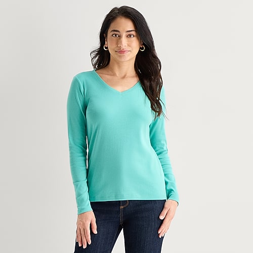 Click here for St. Johns Bay Womens V Neck Long Sleeve T-Shirt  P... prices