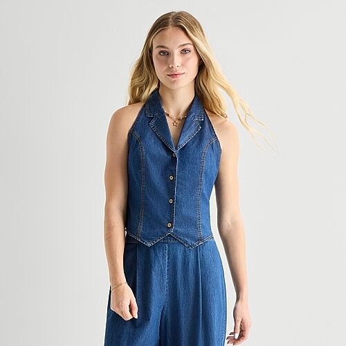 Click here for Bcx Womens Denim Sleeveless Button-Front Vest - De... prices