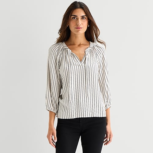Click here for St. Johns Bay Womens Split Tie Neck 3/4 Sleeve Blo... prices