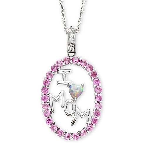 Click here for Lab Created Pink & White Sapphire I Heart Mom Pend... prices