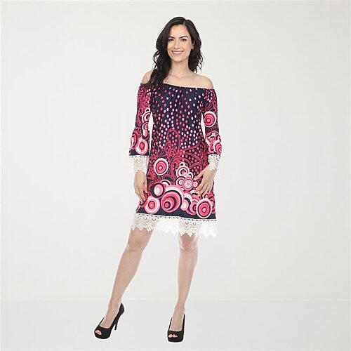 White Mark Womens Off-The-Shoulder Printed Bell-Sleeve Lace Hem Dress - Pink