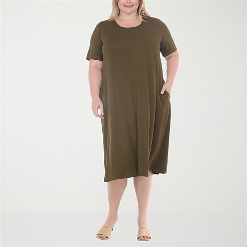 Click here for White Mark Plus Size Tee Swing Midi Dress - Olive prices