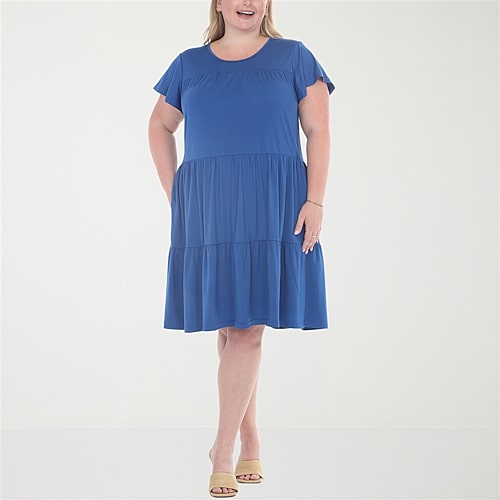 White Mark Plus Size Flutter Sleeve Ruffle Tiered Dress - Blue