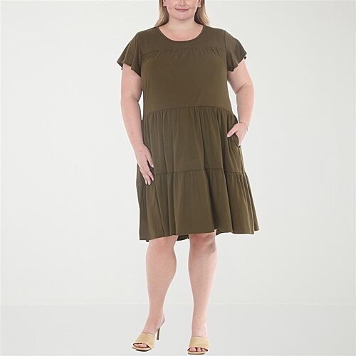 White Mark Plus Size Flutter Sleeve Ruffle Tiered Dress - Olive
