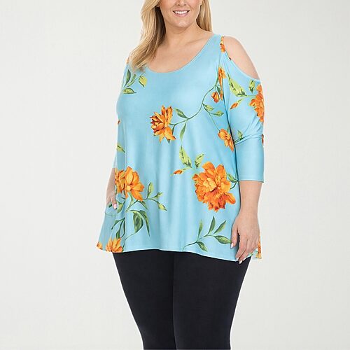 Click here for White Mark Plus Size Floral Cold Shoulder Knit Tun... prices