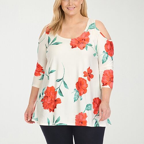 Click here for White Mark Plus Size Floral Cold Shoulder Knit Tun... prices