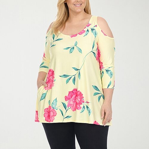 Click here for White Mark Plus Size Floral Cold Shoulder Knit Tun... prices