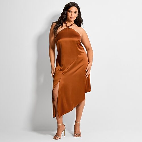 Click here for Ashley Graham Womens Plus Bead Trim Satin Midi Dre... prices