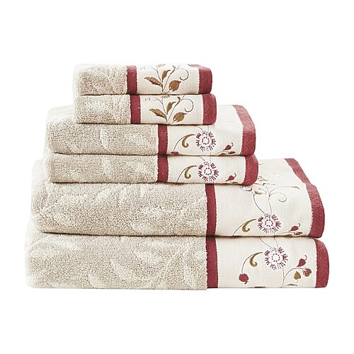 Madison Park Cotton 6-Pc. Embroidered Serene Jacquard Towel Set - Red