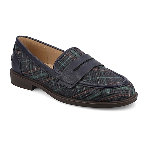 Journee Collection Womens Brooks Block Heel Comfort Penny Loafers - Navy Plaid
