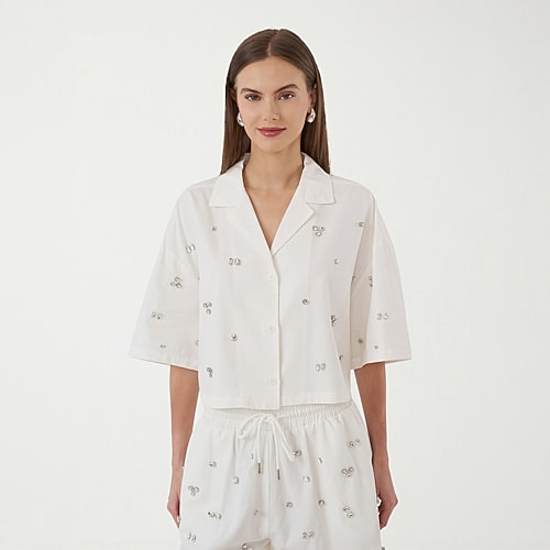 Click here for RM Rebecca Minkoff Womens Short Sleeve Boxy Fit Bu... prices