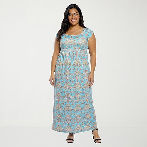 24seven Comfort Apparel Plus Size Abstract Cap Sleeve Pleated Maxi Dress - Blue Multi