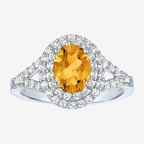 Gemstone and Lab-Created White Sapphire Sterling Silver Oval Double Halo Cocktail Ring  9  Citrine