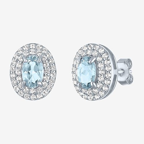 Gemstone & Lab-Created White Sapphire Sterling Silver Oval Double Halo Stud Earrings  One Size  Blue