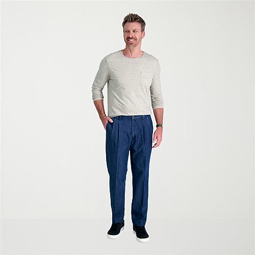 Click here for Haggar Mens Stretch Denim Classic-Fit Pleated Pant... prices