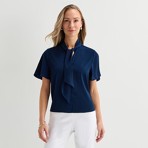 Click here for Liz Claiborne Womens Split Tie Neck Short Sleeve B... prices