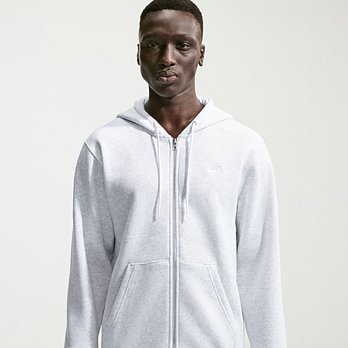 Nike Mens Club Fleece Embroidered Premium Full-Zip Hoodie in Birch Heather/White Size: 4XL