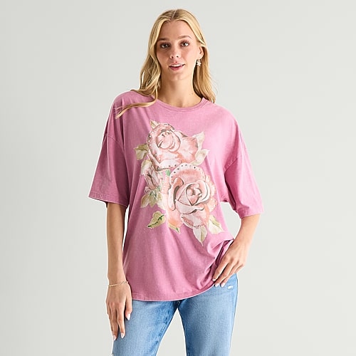 Click here for Roses Oversized Tee Womens Juniors Crew Neck Short... prices