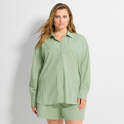 Click here for Ashley Graham Womens Plus Regular Fit Button-Down... prices