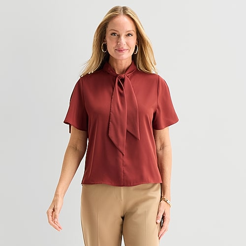 Click here for Liz Claiborne Womens Split Tie Neck Short Sleeve B... prices