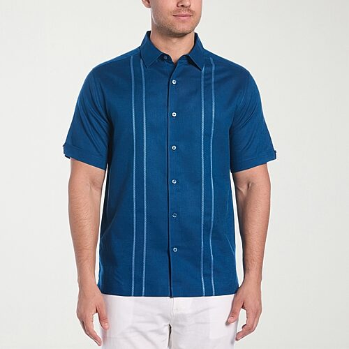 Cubavera Mens Short Sleeve Panel Button-Front Linen Camp Shirt - Blueberry Pancake