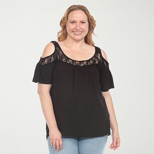 Click here for White Mark Plus Size Cold Shoulder Lace Trim Knit... prices