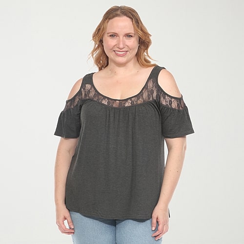 Click here for White Mark Plus Size Cold Shoulder Lace Trim Knit... prices