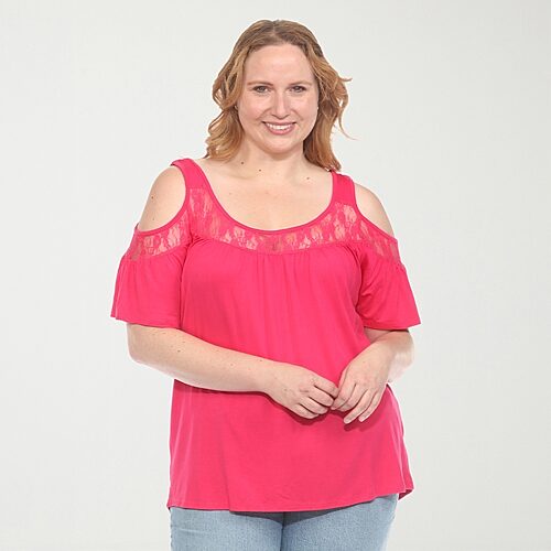 Click here for White Mark Plus Size Cold Shoulder Lace Trim Knit... prices