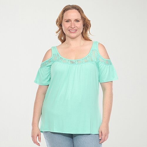Click here for White Mark Plus Size Cold Shoulder Lace Trim Knit... prices