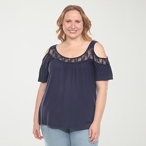 Click here for Plus Size White Mark Cold Shoulder Lace Trim Knit... prices