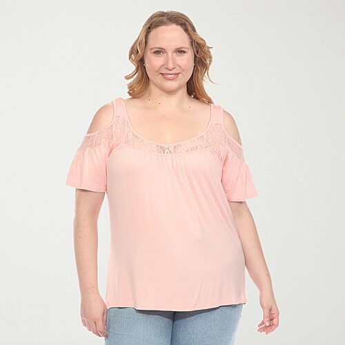 Click here for White Mark Plus Size Cold Shoulder Lace Trim Knit... prices