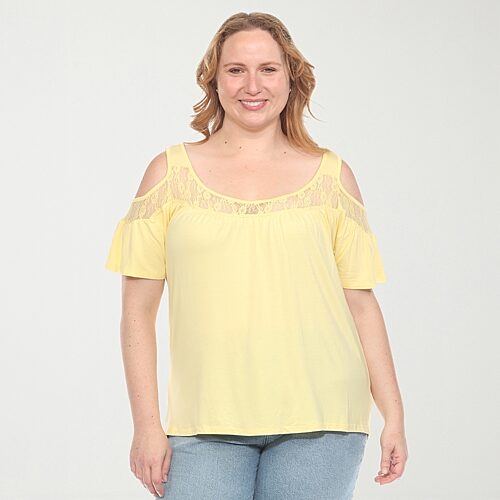 Click here for White Mark Plus Size Cold Shoulder Lace Trim Knit... prices