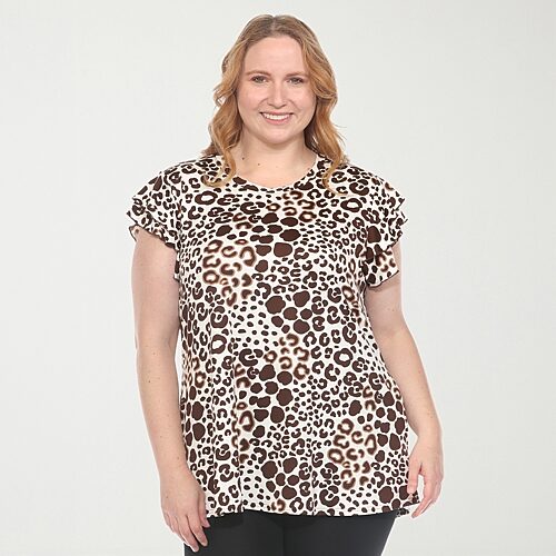White Mark Plus Size Bold Leopard Print Ruffle Sleeve Top - Brown