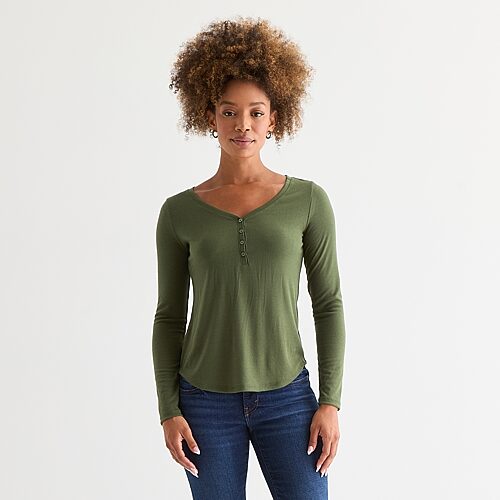 Click here for a.n.a Womens Henley Neck Long Sleeve T-Shirt  Peti... prices
