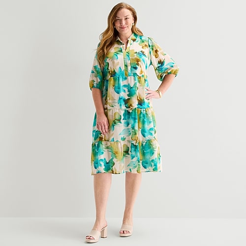 Click here for Sandra Darren Plus Size Linen Split-Neck Midi Dres... prices