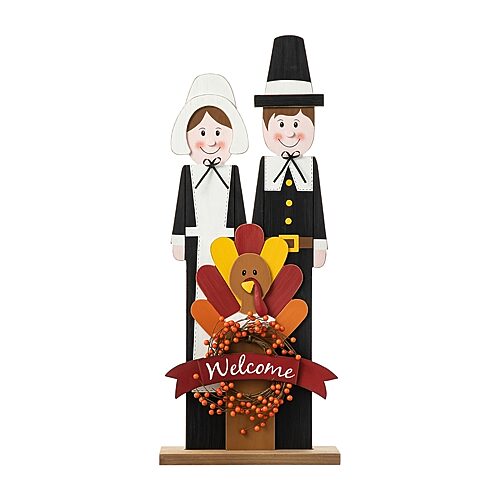 Glitzhome Thanksgiving Pilgrim Couple Porch Decor  36 - Multi