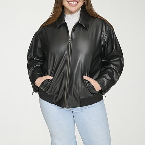 Click here for Levis Plus Size Faux Leather Dad Bomber Jacket - B... prices