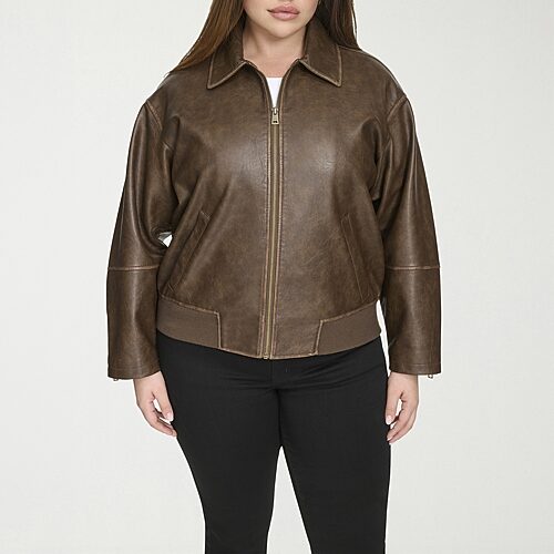 Click here for Levis Plus Size Faux Leather Dad Bomber Jacket - S... prices