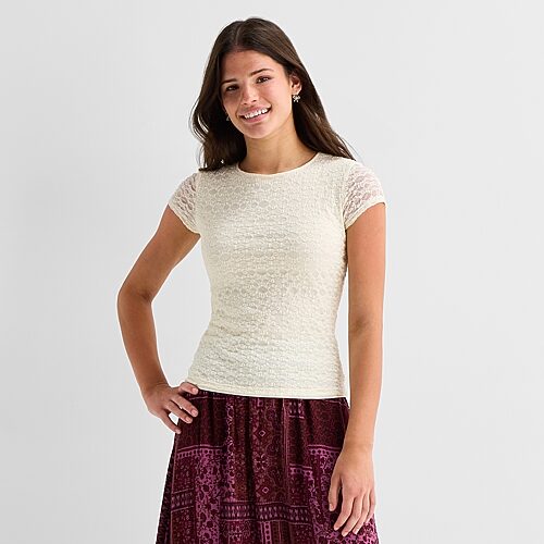Click here for Arizona Womens Juniors Crew Neck Short Sleeve Lace... prices