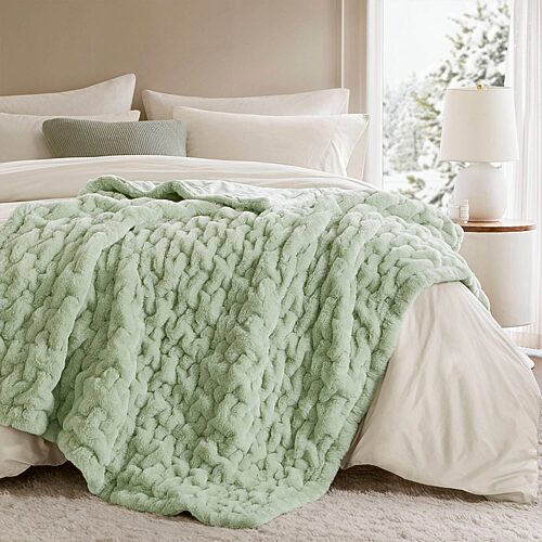 Madison Park Ruched Reversible Faux-Fur Throw  50 x 60 - Sage Green