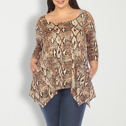 Click here for White Mark Plus Size Snake Print Cold Shoulder Tun... prices