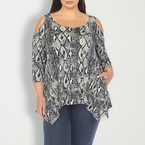 Click here for White Mark Plus Size Snake Print Cold Shoulder Tun... prices